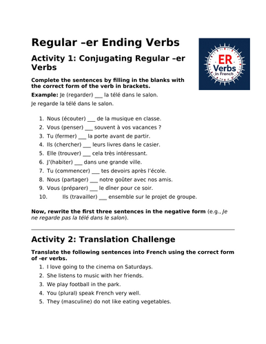 French_Regular ER-verbs 2 _Present Tense_ Practice | Teaching Resources