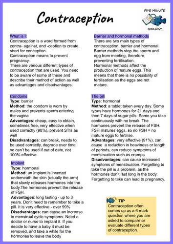 GCSE AQA Biology Triple Science Contraception revision sheets Higher ...