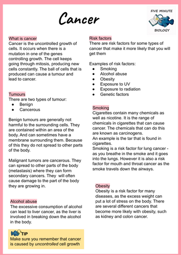 GCSE AQA Biology Triple Science Organisation Cancer revision sheets ...