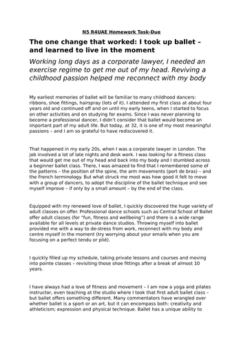 N5 English RUAE R4UAE Close Reading Mini Task-Ballet | Teaching Resources