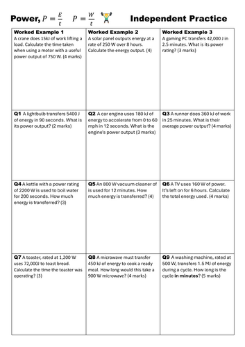 Power, P=E÷t - SLOP Calculations Worksheet with Answers | Teaching ...