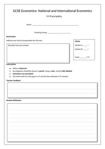 OCR GCSE Economics - 3.5 Fiscal Policy Test | Teaching Resources