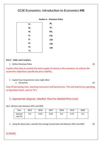 OCR GCSE Economics - 3.6 Monetary Policy Test | Teaching Resources