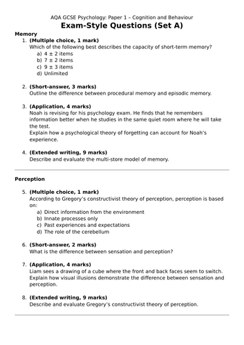 AQA GCSE Psychology Paper 1 Exam Style Questions | Teaching Resources