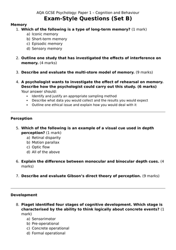 AQA GCSE Psychology Paper 1 Exam Style Questions | Teaching Resources