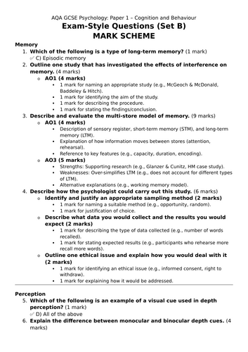 AQA GCSE Psychology Paper 1 Exam Style Questions | Teaching Resources