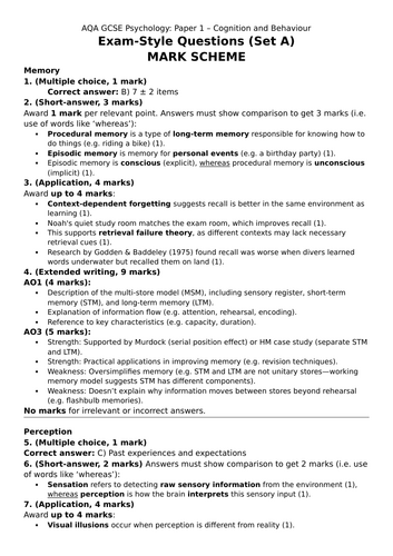 AQA GCSE Psychology Paper 1 Exam Style Questions | Teaching Resources