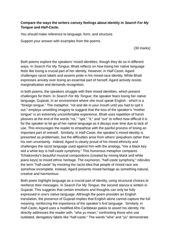 Search for My Tongue & Half-caste poetry comparison model answer ...