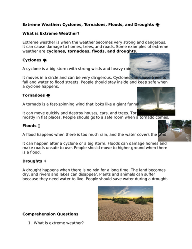 Extreme weather reading comprehension | Teaching Resources