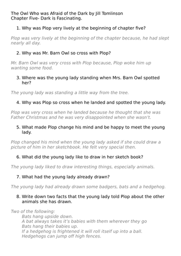 The Owl Who was Afraid of the Dark- Chapter Five- Reading comprehension ...