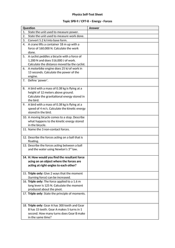 Physics Revision self test sheet SP8-9, CP7-8 (Paper 2) Edexcel 9-1 ...