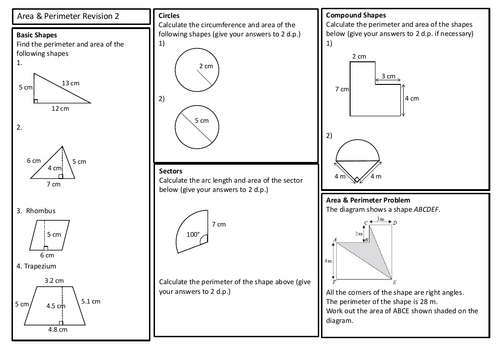 GCSE Higher Maths Revision Sheet - Area & Perimeter | Teaching Resources