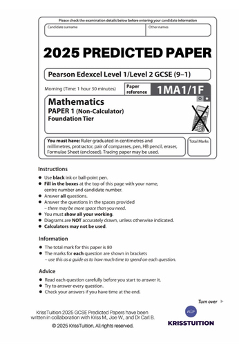 GCSE PREDICTED 2025 MATHS PAPER 1 FOUNDATION (EDEXCEL) | Teaching Resources
