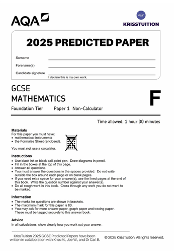 Gcse Predicted 2025 Maths Paper 1 Foundation Aqa Teaching Resources
