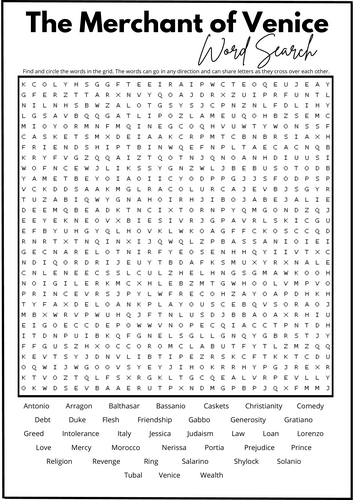 The Merchant of Venice by William Shakespeare Word Search | Teaching ...