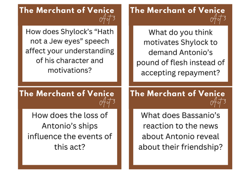 The Merchant of Venice Act 3 Prompt Cards for Discussions and Quick ...