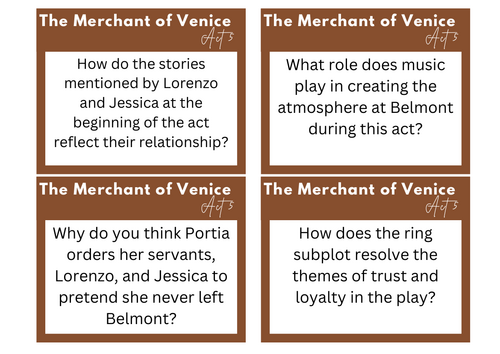 The Merchant of Venice Act 5 Prompt Cards for Discussions and Quick ...