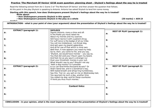 GCSE 'The Merchant Of Venice' exam question planning sheet - Shylock's feelings about his ...