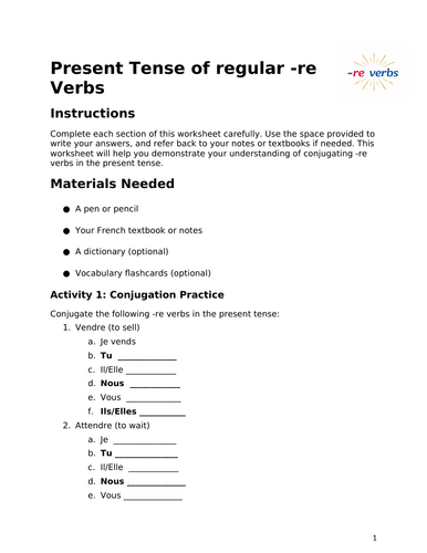 French_Regular - RE verbs _Present Tense_ Practice | Teaching Resources