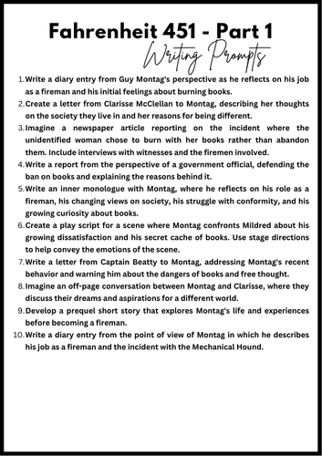 Fahrenheit 451 Part 1 Post-Reading Creative Writing Prompts | Teaching ...
