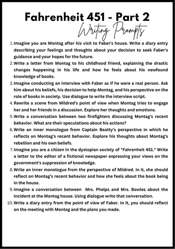 Fahrenheit 451 Part 2 Post-Reading Creative Writing Prompts | Teaching ...