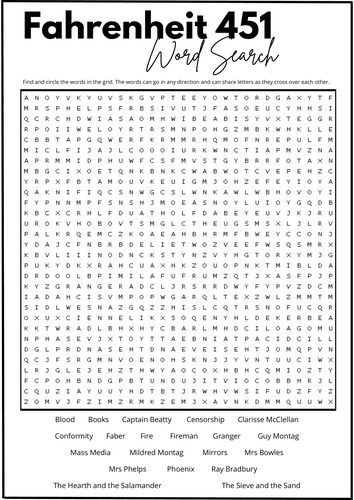 Fahrenheit 451 by Ray Bradbury Review Word Search: No Prep, Minimal ...
