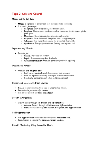 Edexcel Biology GCSE- Cells and Control Topic 2 | Teaching Resources