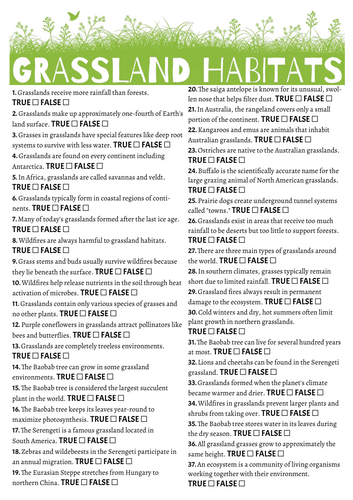 Grassland Habitat Reading Comprehension | Teaching Resources