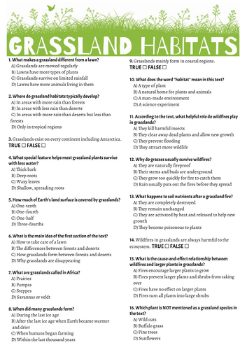 Grassland Habitat Reading Comprehension | Teaching Resources