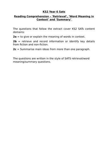 KS2 SATS Practice Reading Comprehension - Retrieval/Meaning/Summary 2a ...