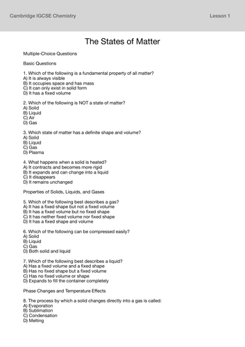 The States of Matter Lesson 1 and 2 | Teaching Resources