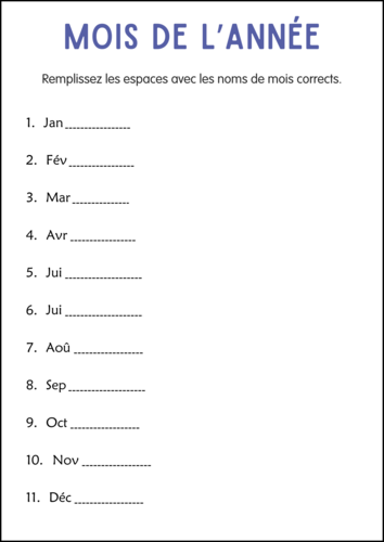 Months of the Year Worksheets in French - Mois de L’année Feuilles de ...