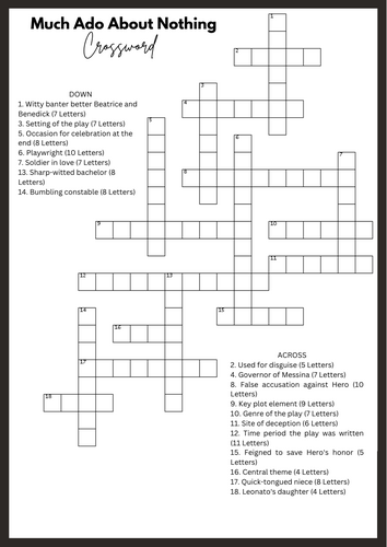 Much Ado About Nothing by William Shakespeare Crossword Review Activity ...