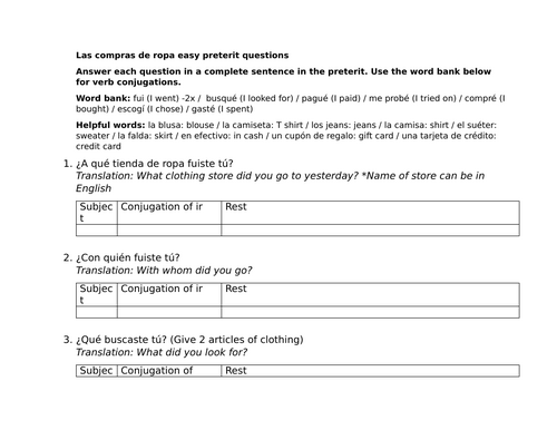 Las compras de ropa easy preterit questions | Teaching Resources