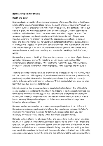 HAMLET A LEVEL: DEATH AND GRIEF THEME STUDENT REVISION ENGLISH ...