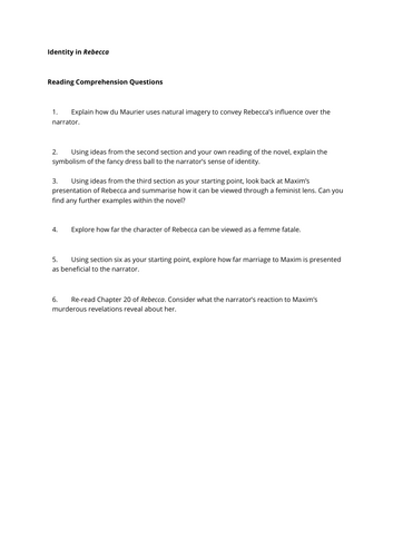 REBECCA BY DAPHNE DU MAURIER: THEME OF IDENTITY READING COMPREHENSION ...