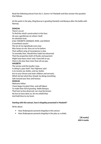 New for 2025 AQA Macbeth Exam Question: Kingship | Teaching Resources