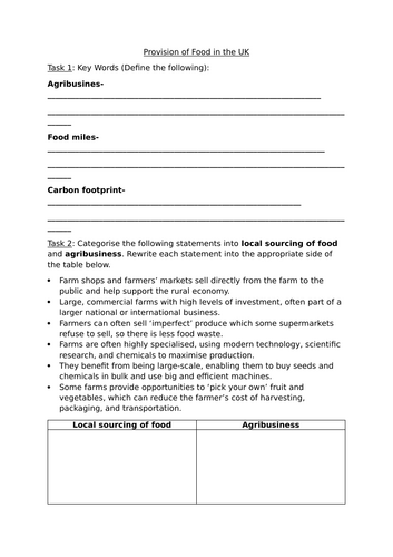 Provision of food in the UK homework | Teaching Resources