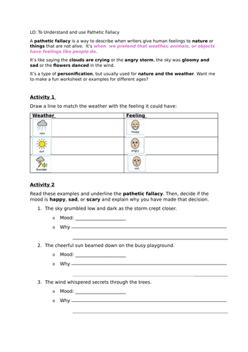 Pathetic Fallacy Activity Sheet | Teaching Resources
