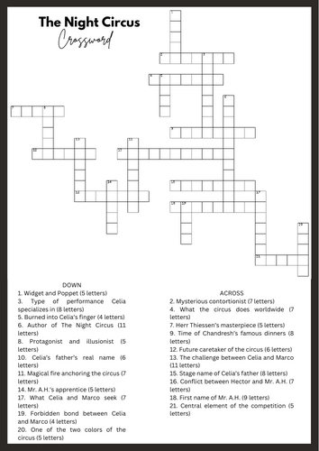 The Night Circus Crossword Review Activity Puzzle | Teaching Resources