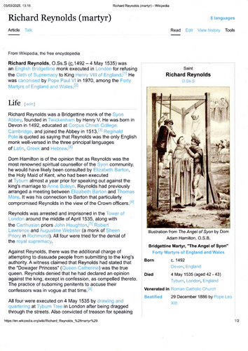 St. Richard Reynolds (c.1492-1535) one of the 40 Martyrs of England and ...