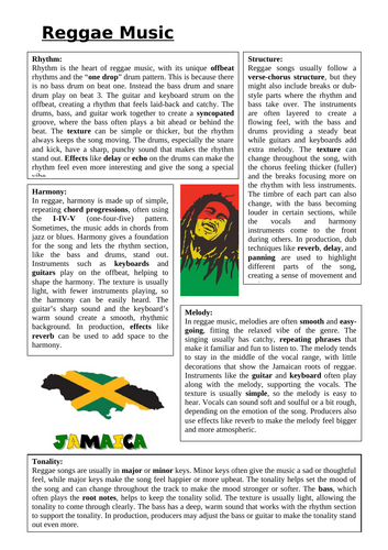 Reggae Music Worksheet (cover lesson) | Teaching Resources