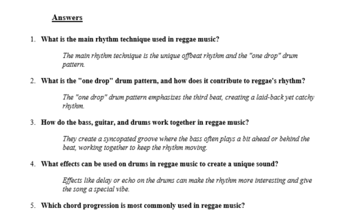 Reggae Music Worksheet (cover lesson) | Teaching Resources