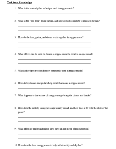 Reggae Music Worksheet (cover lesson) | Teaching Resources