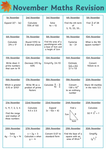 GCSE - Foundation - Nov Maths Calendar | Teaching Resources