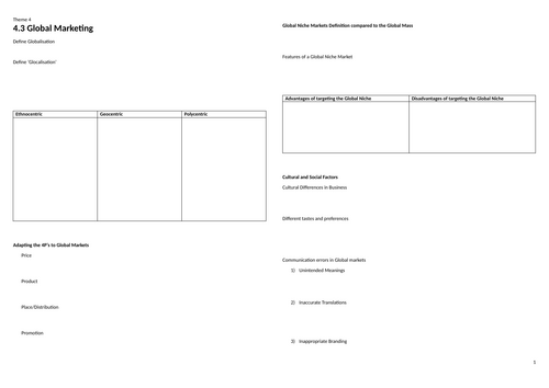 Business 4.3 Global Marketing Revision Worksheet | Teaching Resources