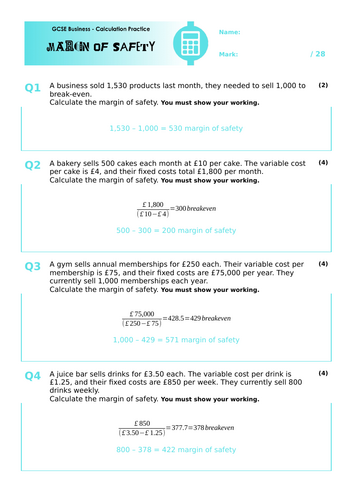 Calculation Practice - GCSE Business (Edexcel) | Teaching Resources