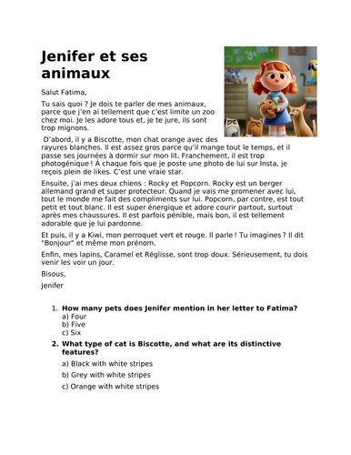 French - Pets -Jenifer et ses animaux - Reading and writing practice ...