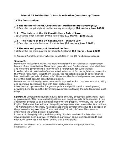 Edexcel AS Politics Unit 2 Examination Questions by Theme | Teaching ...
