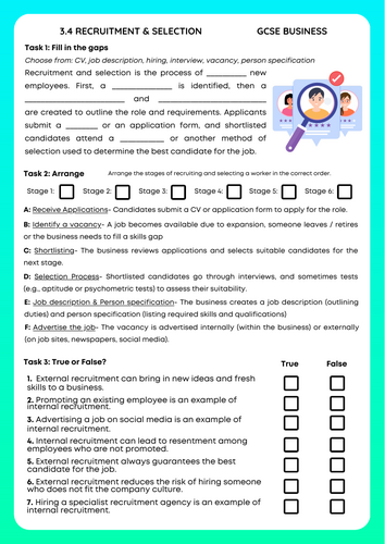 OCR GCSE Business Recruitment & Selection Worksheet | Teaching Resources